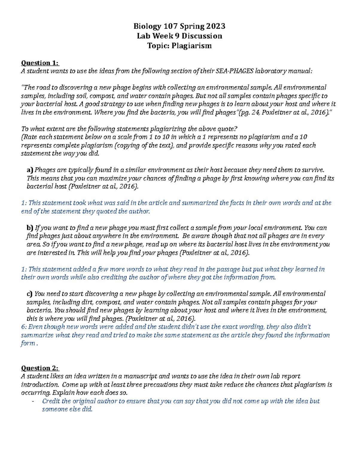 Lab Week 9 Discussion Sp 23 - Biology 107 Spring 2023 Lab Week 9 Discussion Topic: Plagiarism ...