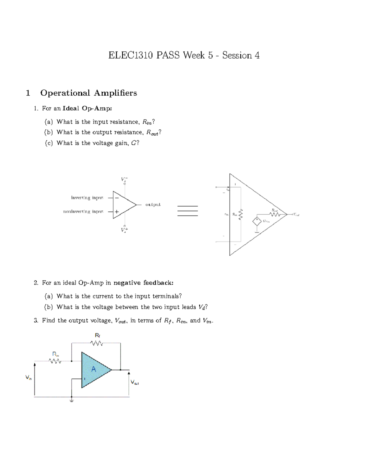 ELEC1310 PASS4 - Week 4 content - ELEC1310 PASS Week 5 - Session 4 1 Operational Amplifiers For ...
