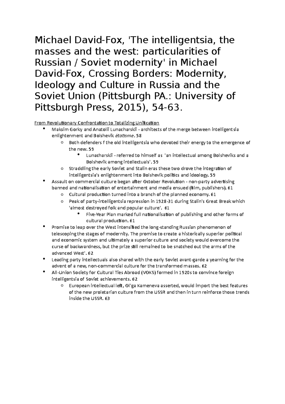 Week 2 Readings - Michael David-Fox, 'The intelligentsia, the masses ...