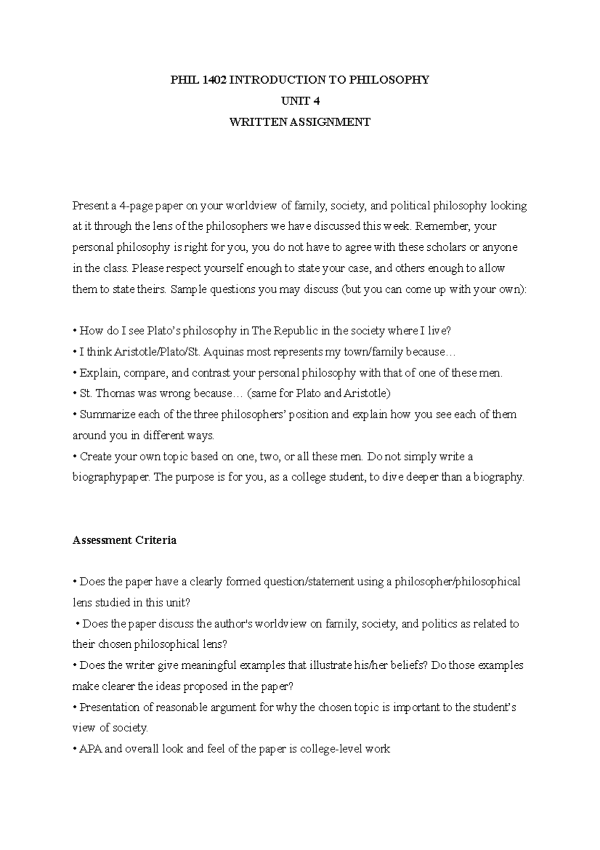 Philosophy 1402 written assignment unit 4 - PHIL 1402 INTRODUCTION TO ...