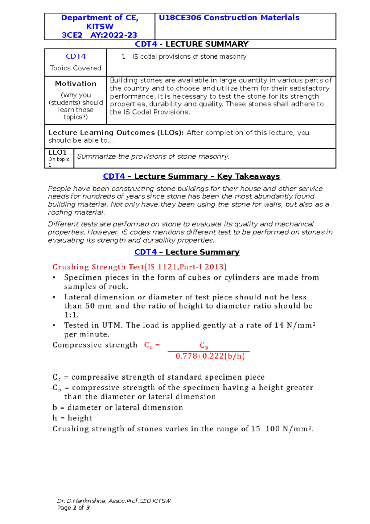 22-23 CM 4 Summary 3CE2 - Notes for bcm - Department of CE, KITSW 3CE2 ...