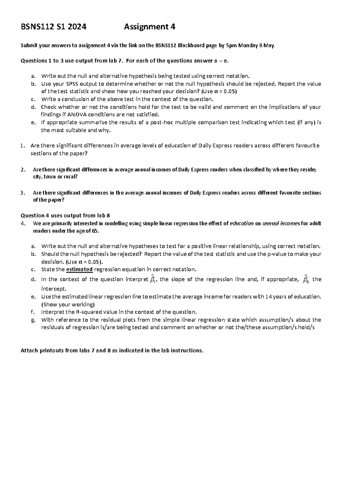 2024 Assignment 4 lab instructions - BSNS112 S 1 2024 Assignment 4 Submit your answers to ...
