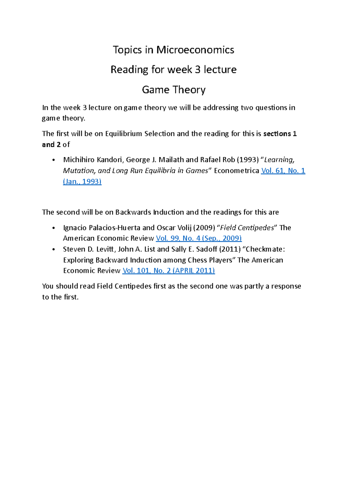 Week 3 reading - Topics in Microeconomics Reading for week 3 lecture Game Theory In the week 3 ...