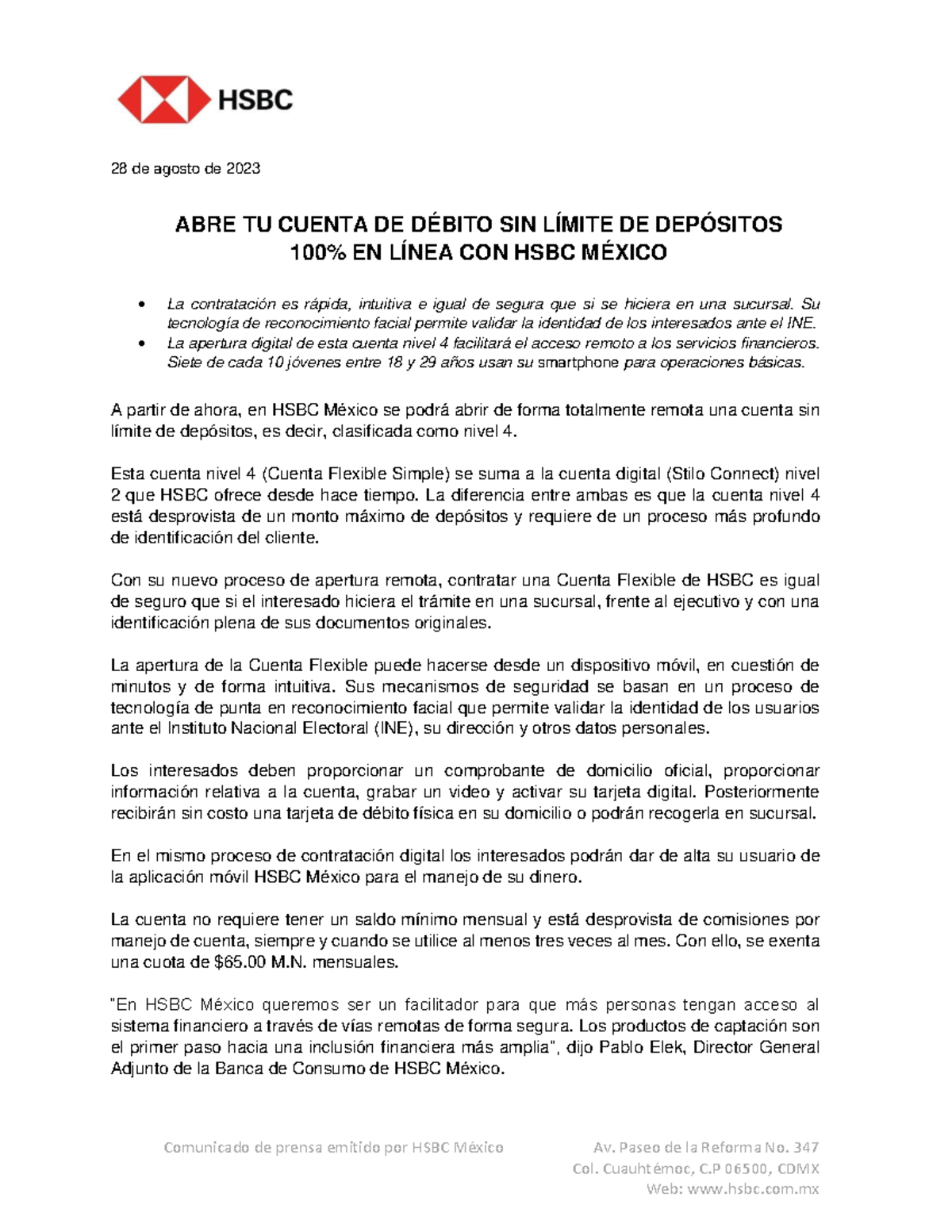 230830-comunicado-hsbc-mexico - Comunicado de prensa emitido por HSBC ...