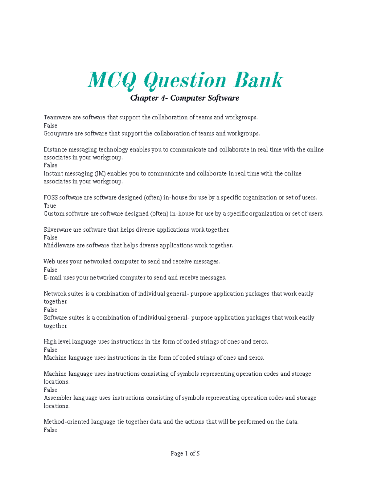 Chapter 4- Computer Software - MCQ Question Bank Chapter 4- Computer Software Teamware are ...