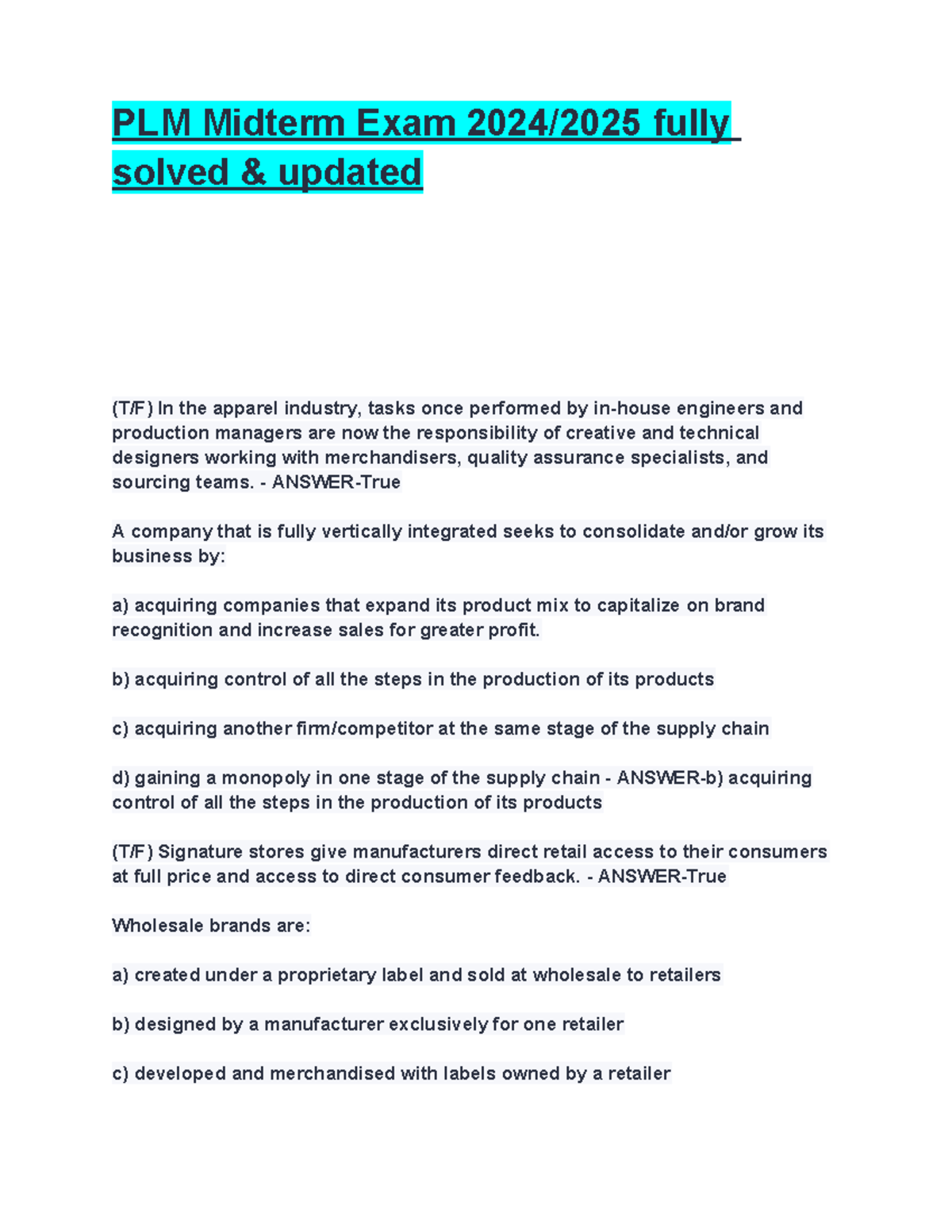 PLM Midterm Exam 2024 2025 fully solved & updated - PLM Midterm Exam ...