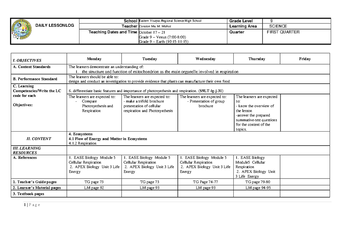 DLL-Science-Grade 9-Quarter 1-Week10-cellular respiration - I ...