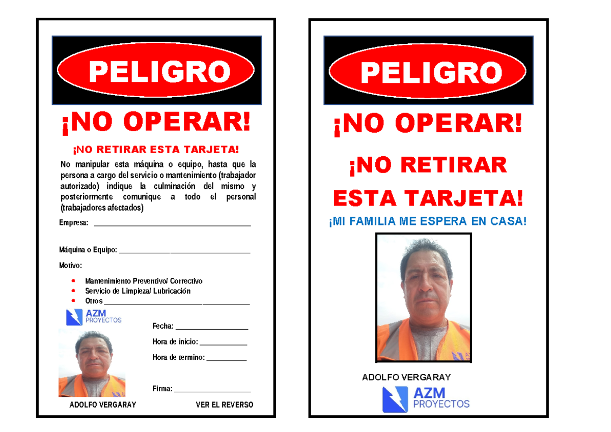 Plantilla Tarjeta DE Bloqueo - PELIGRO PELIGRO ¡NO OPERAR! ¡NO RETIRAR ...