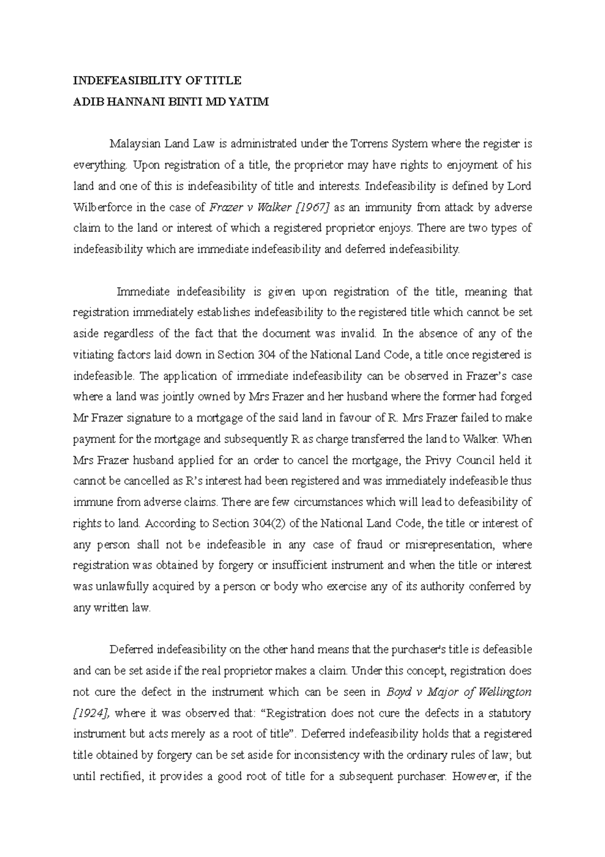 Template Indefeasibility - INDEFEASIBILITY OF TITLE ADIB HANNANI BINTI ...