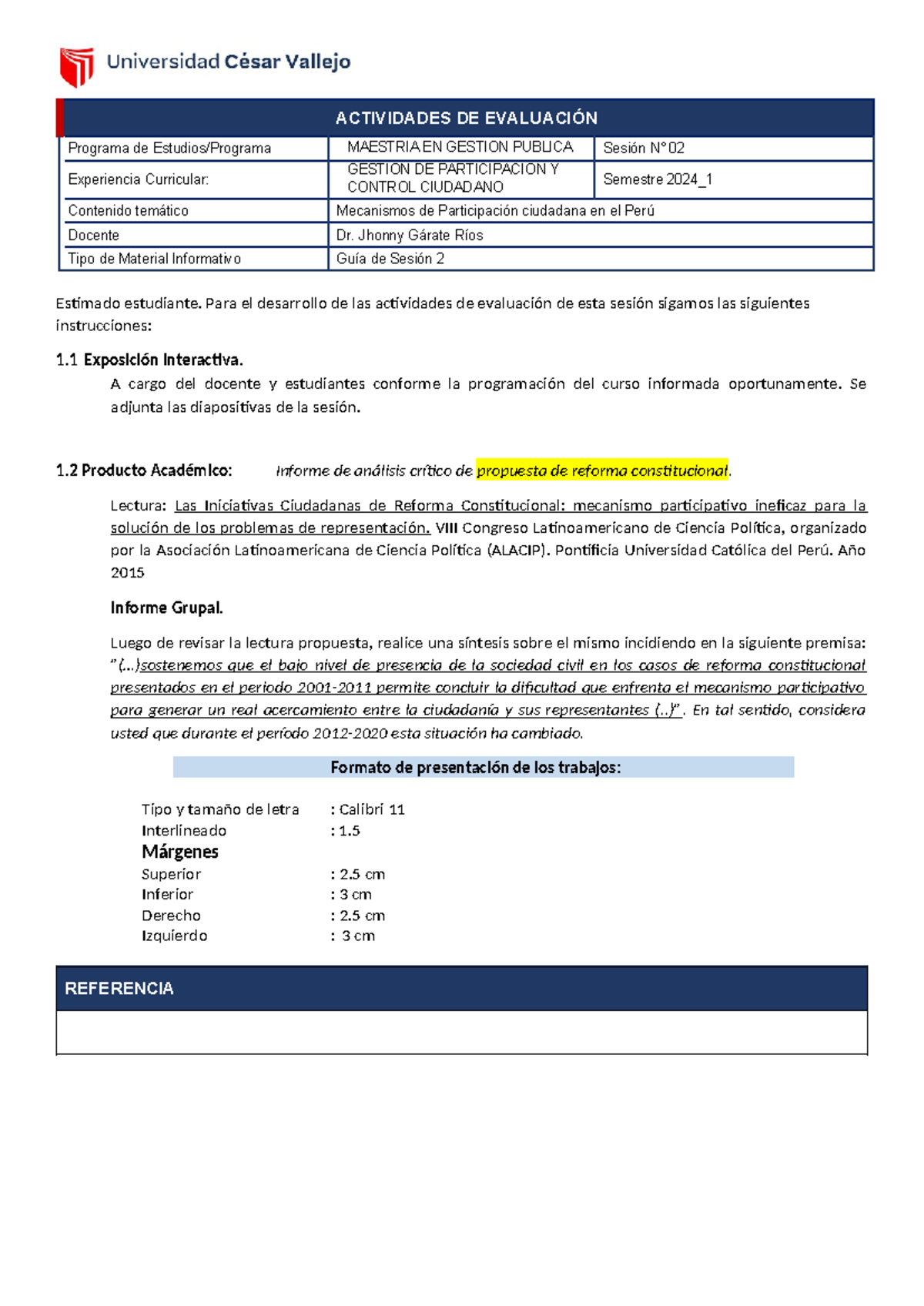 Sesión N° 02 Indicaciones Actividad Evaluativa Informe - ACTIVIDADES DE EVALUACIÓN Programa de ...