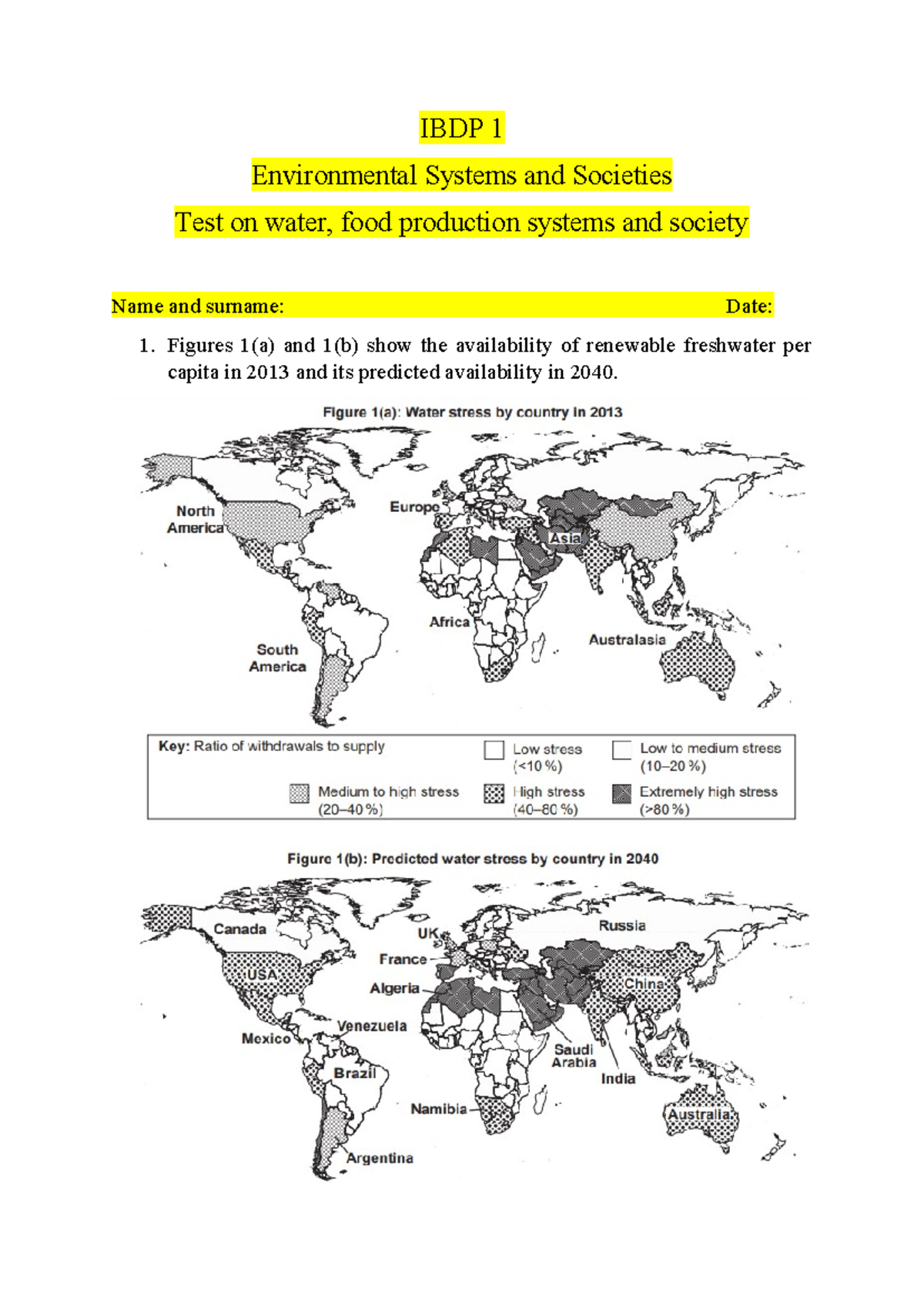 DP1 Midterm 2 - Test - IBDP 1 Environmental Systems and Societies Test ...