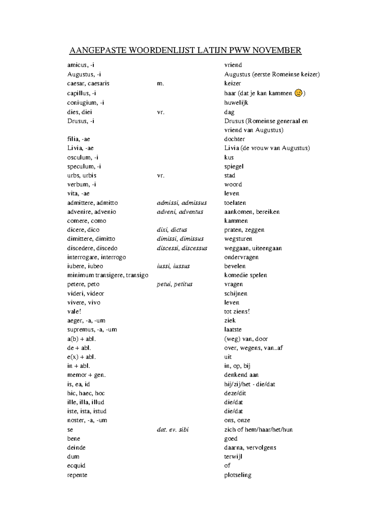 Woordenschat Latijn PWW - AANGEPASTE WOORDENLIJST LATIJN PWW NOVEMBER amicus, - i vriend ...