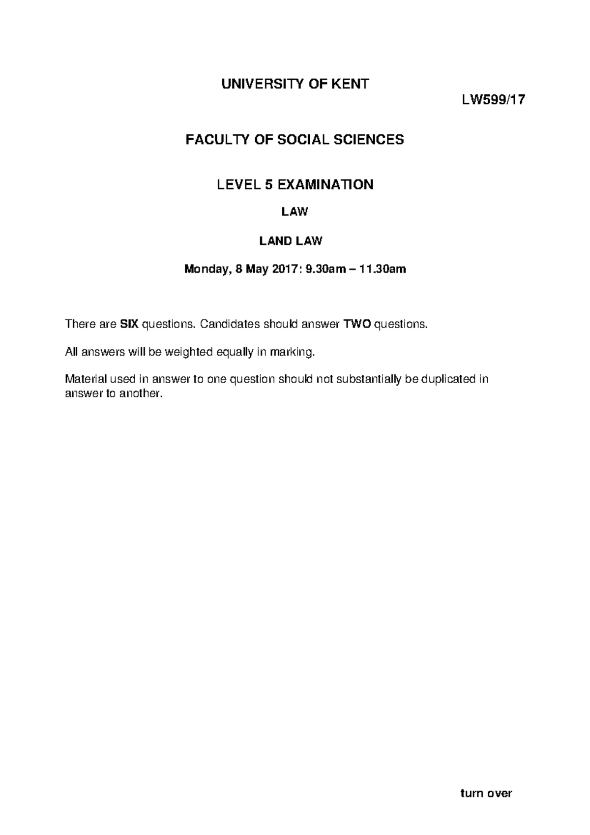 Land Law Past Paper 2017 - LW599 - UKC - Studocu