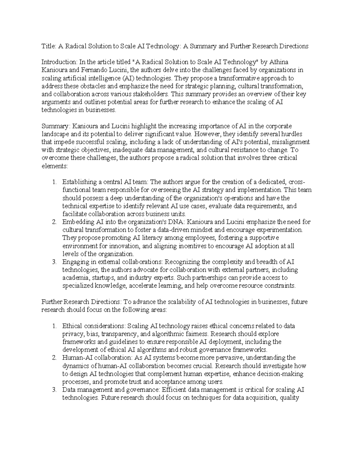 Journal Article MSBA 300 Research - Title: A Radical Solution to Scale AI Technology: A Summary ...