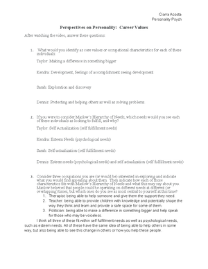 Perspectives on Personality Assignment Sheet Understanding Personality ...