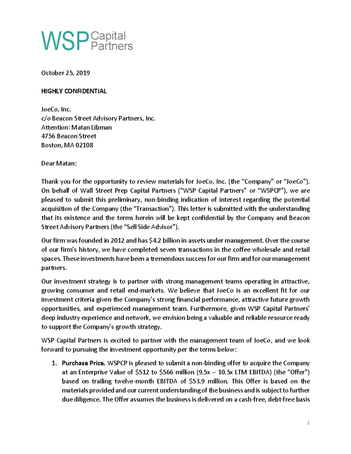 6 - Joe Co Indication of Interest (IOI) - 1 October 25, 2019 HIGHLY ...