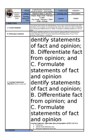 Fact and Opinion - GRADE 9 DAILY LESSON LOG School PARAÑAQUE NATIONAL ...