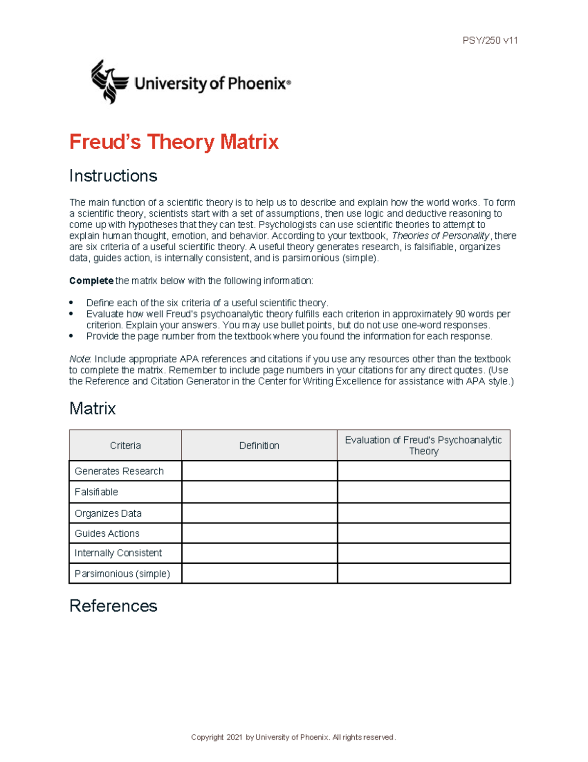 Psy250 v11 wk1 freuds theory matrix - PSY/250 v Freud’s Theory Matrix ...