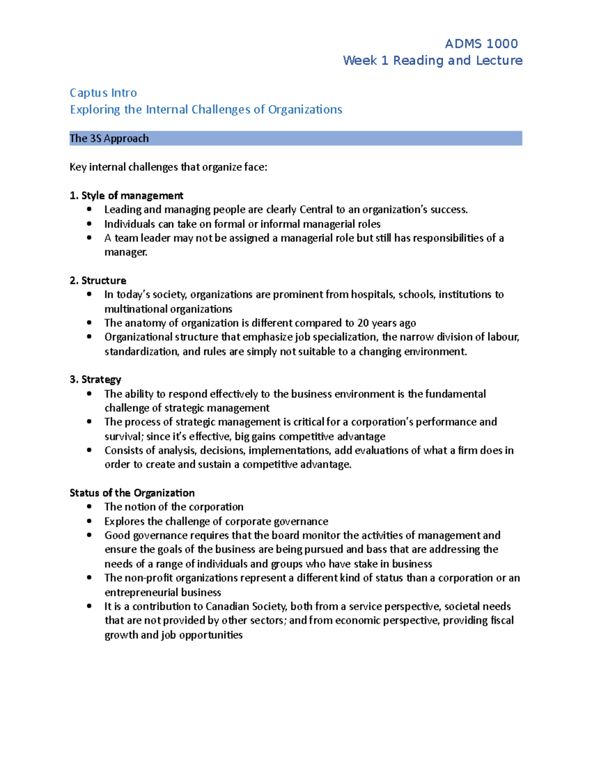 Session 1 - Week 1 - Week 1 Reading and Lecture Captus Intro Exploring the Internal Challenges ...