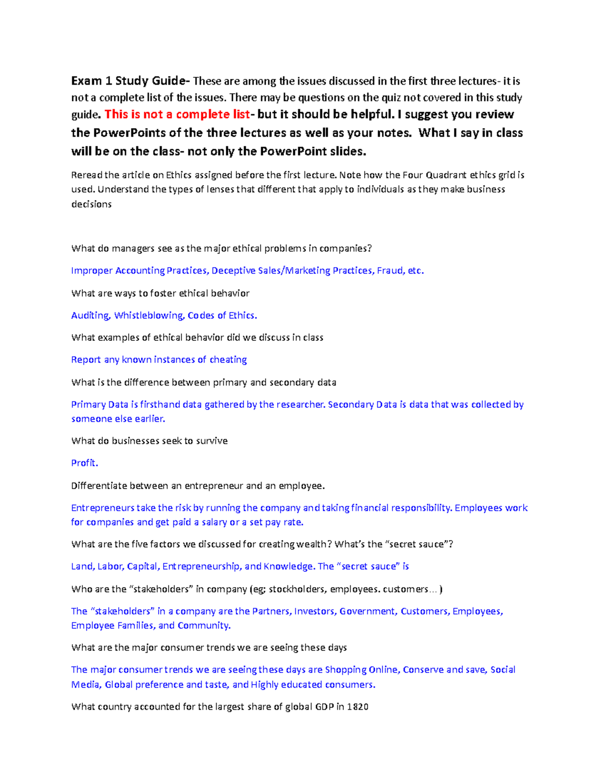 Quiz 1 Study Guide - Bus 2000 - Exam 1 Study Guide- These are among the ...