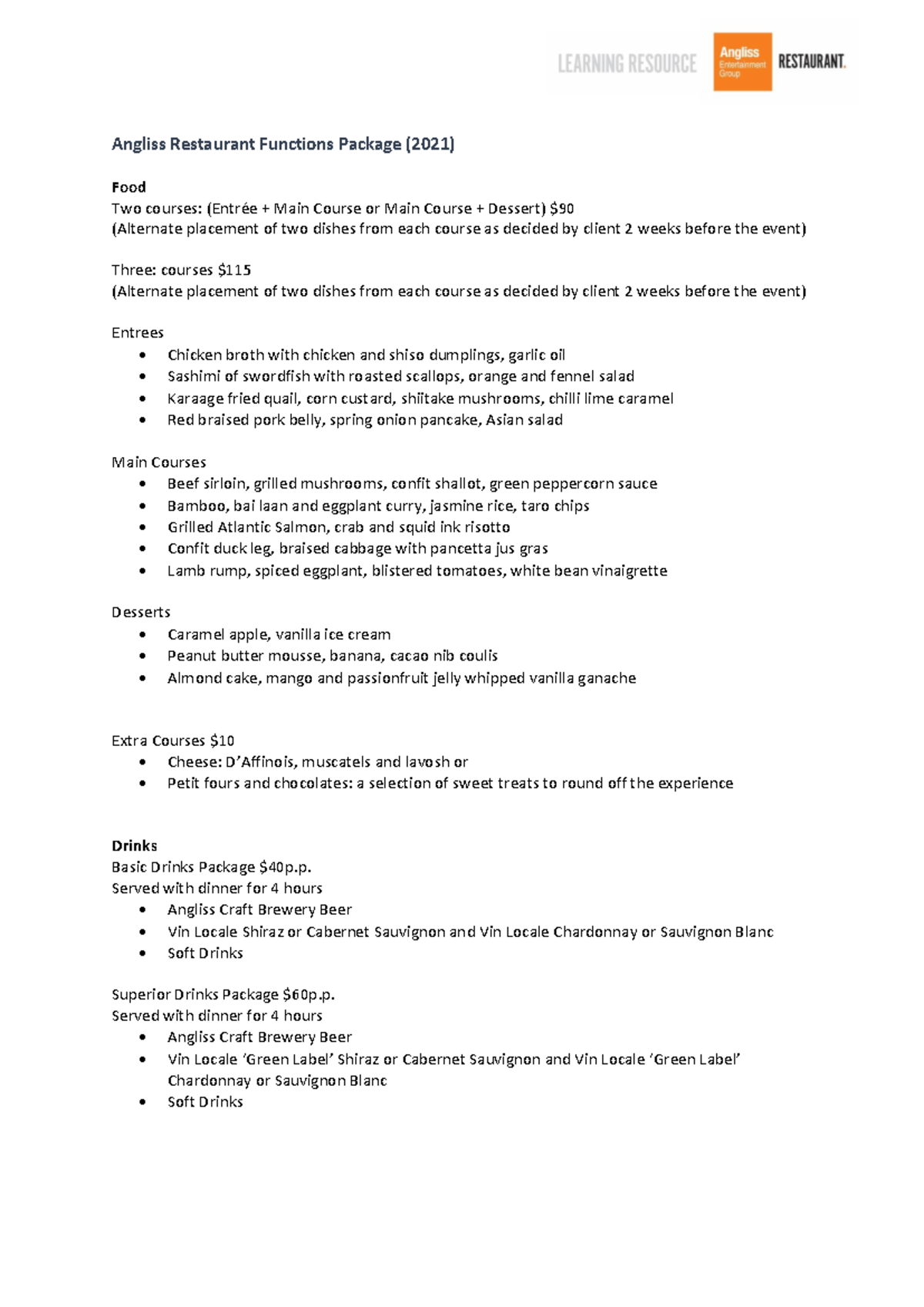 Angliss package - Angliss Restaurant Functions Package (2021) Food Two ...
