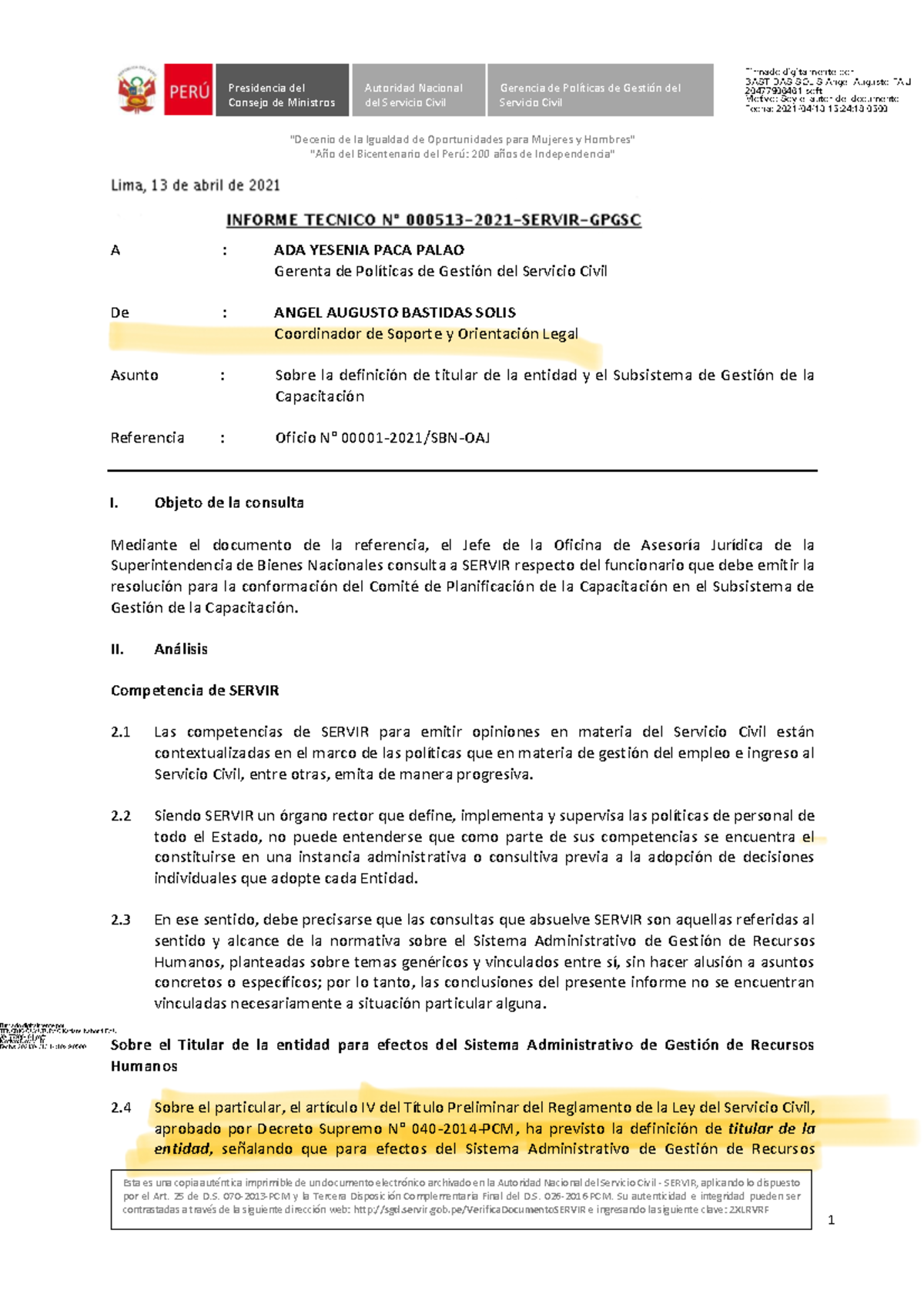 IT N° 0513-2021- Servir- Gpgsc - Sobre la definición de titular de la ...