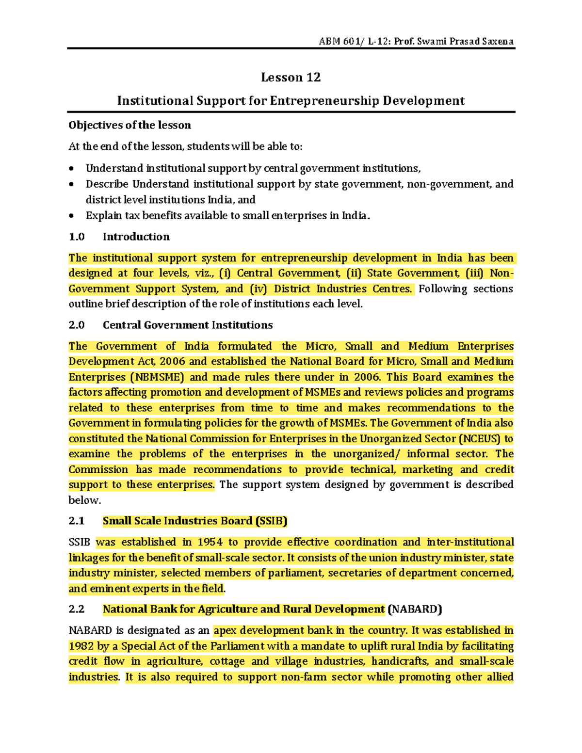 Institutional Support to SMEs - Lesson 12 Institutional Support for ...