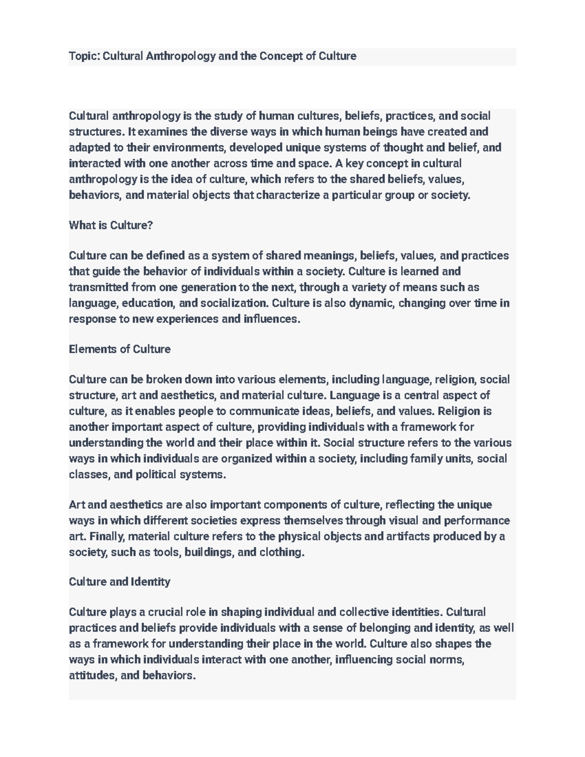 Topic Cultural Anthropology and the Concept of Culture - It examines ...