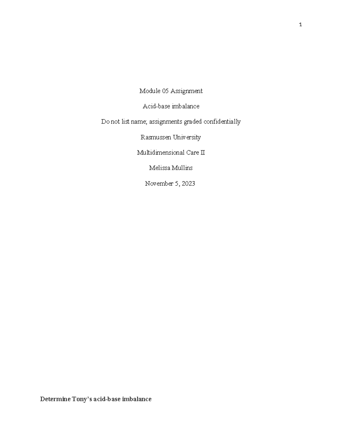 Module 5-Acid Base Imbalance 110523 - Module 05 Assignment Acid-base imbalance Do not list name ...