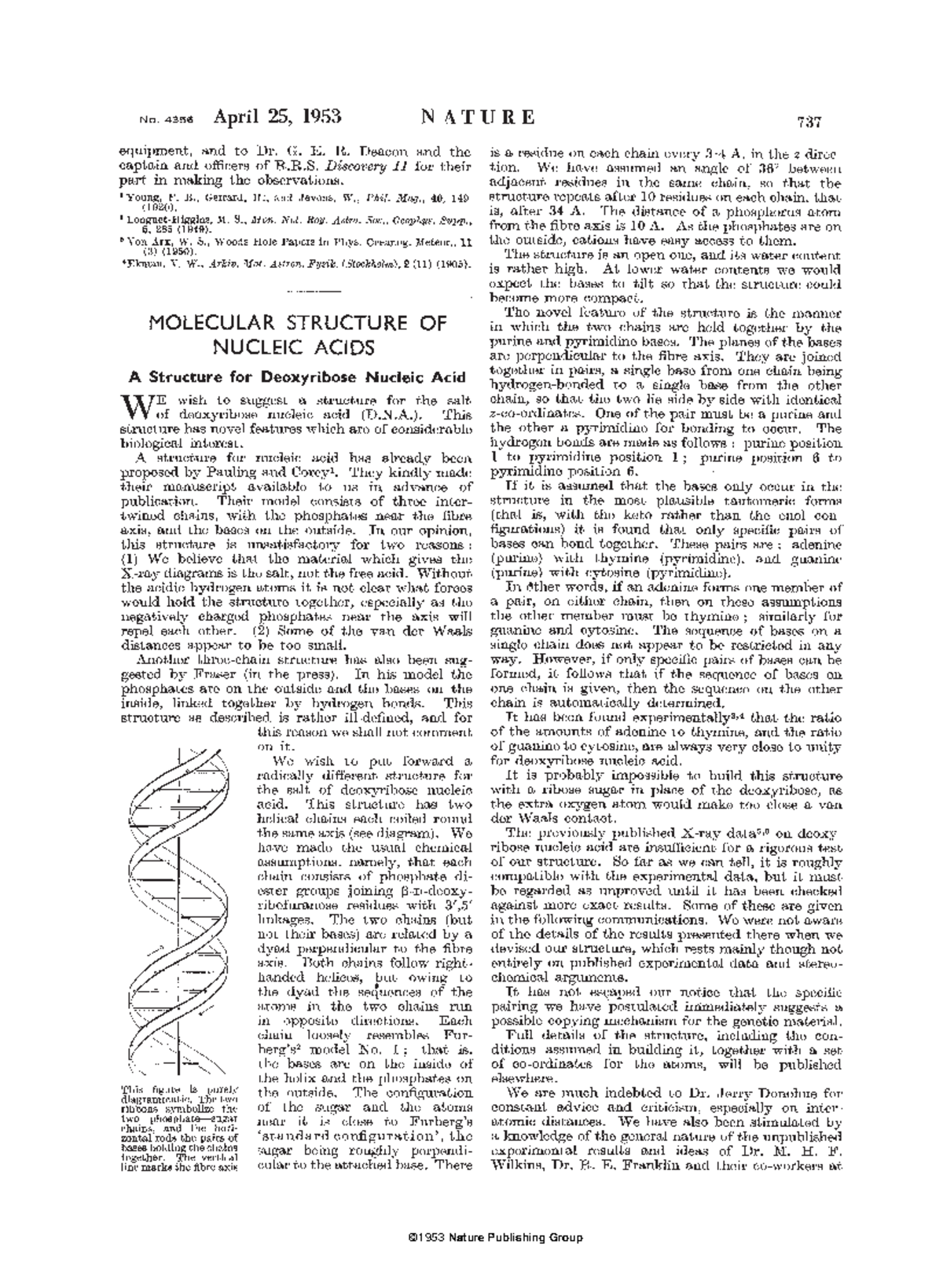Artículo de Watson Y Crick (ADN Molecule) - Biología - © 1953 Nature ...
