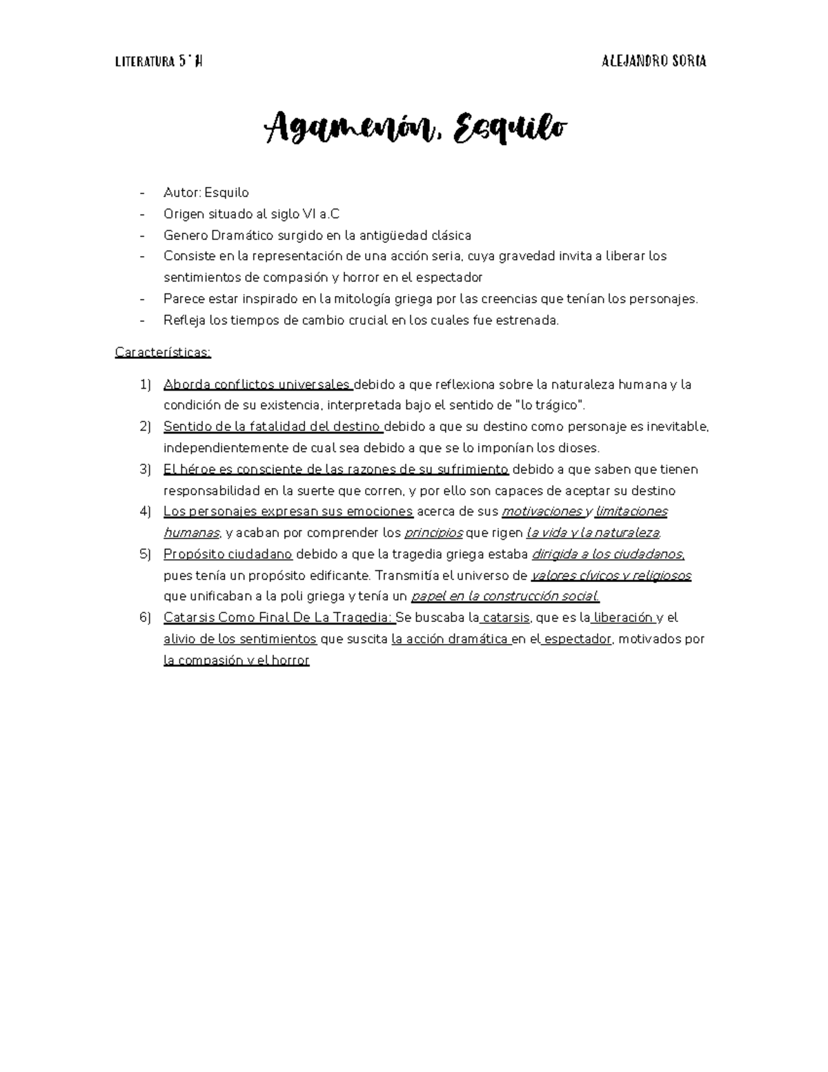 Características de Agamenón De Esquilo - Literatura 5° - Studocu