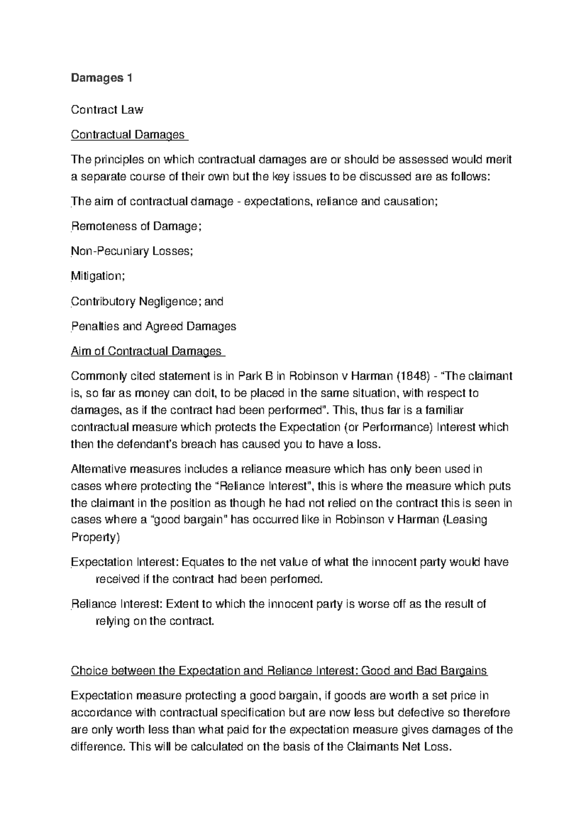 Damages 1 - Contract Law - Damages 1 Contract Law Contractual Damages ...