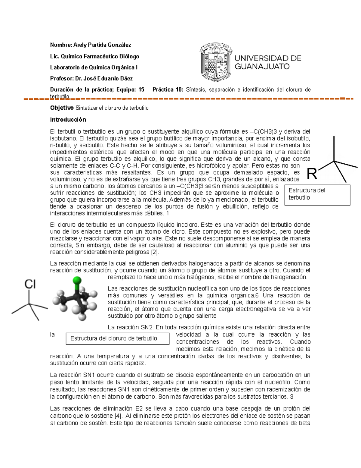 Práctica 10. Cloruro de terbutilo - Nombre: Arely Partida González Lic ...