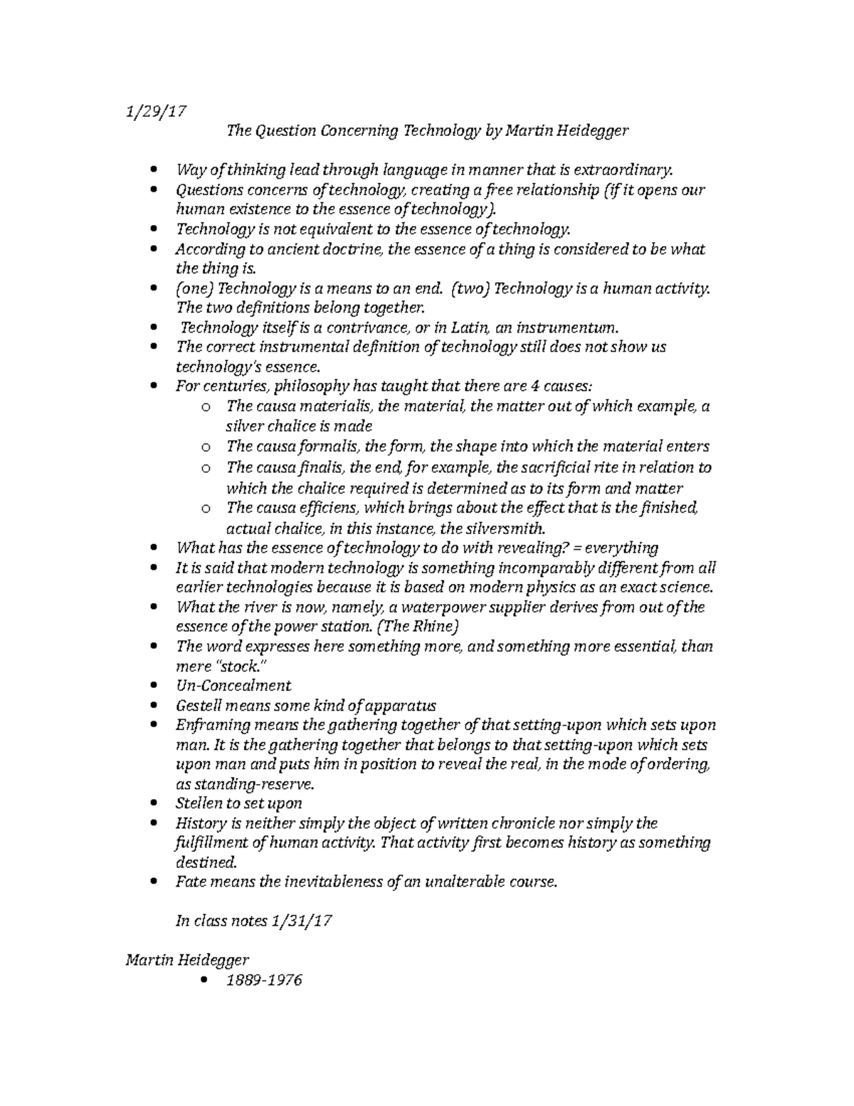 Heidegger - Lecture notes 8 - 1/29/ The Question Concerning Technology ...