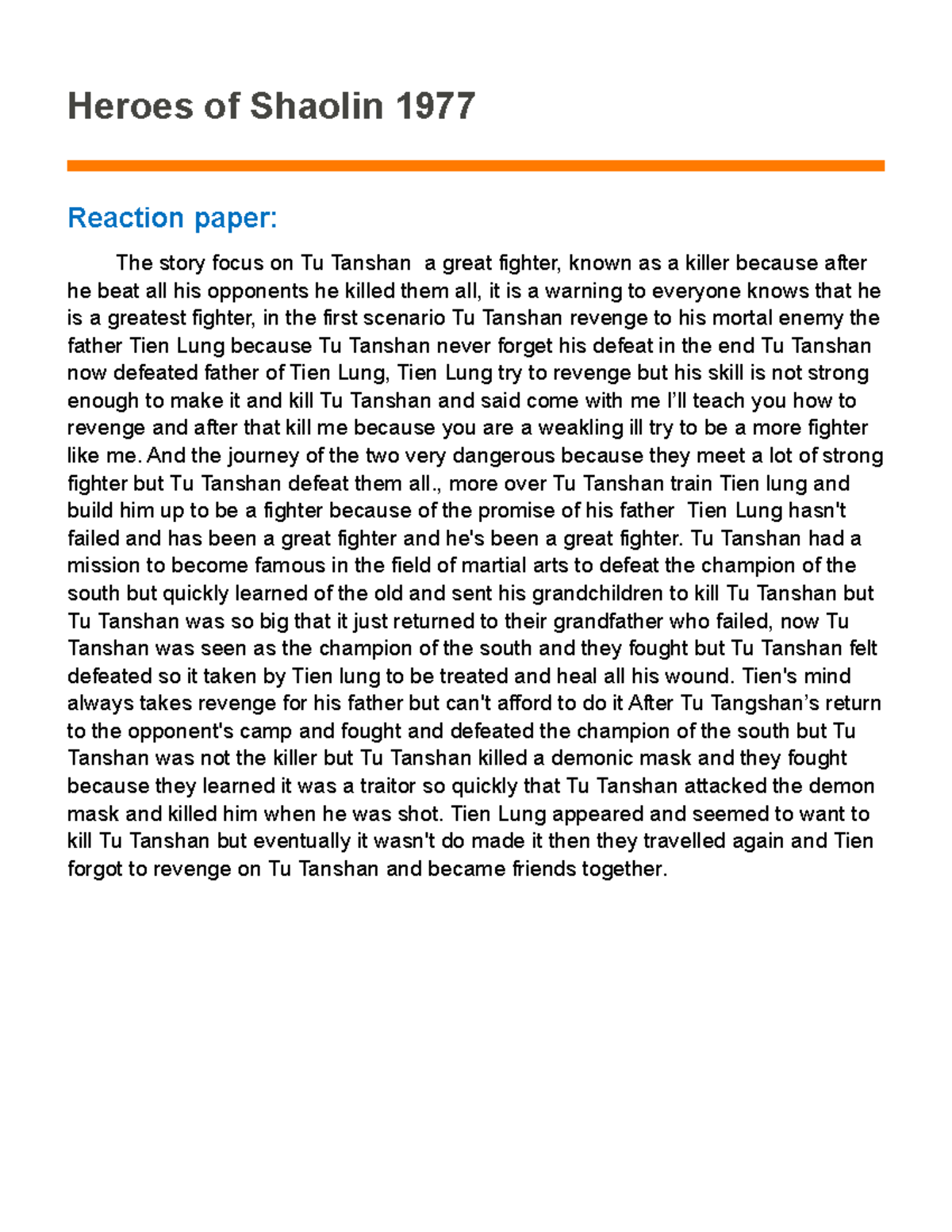 Heroes of Shaolin 1977 (Reaction Paper) - Heroes of Shaolin 1977 ...