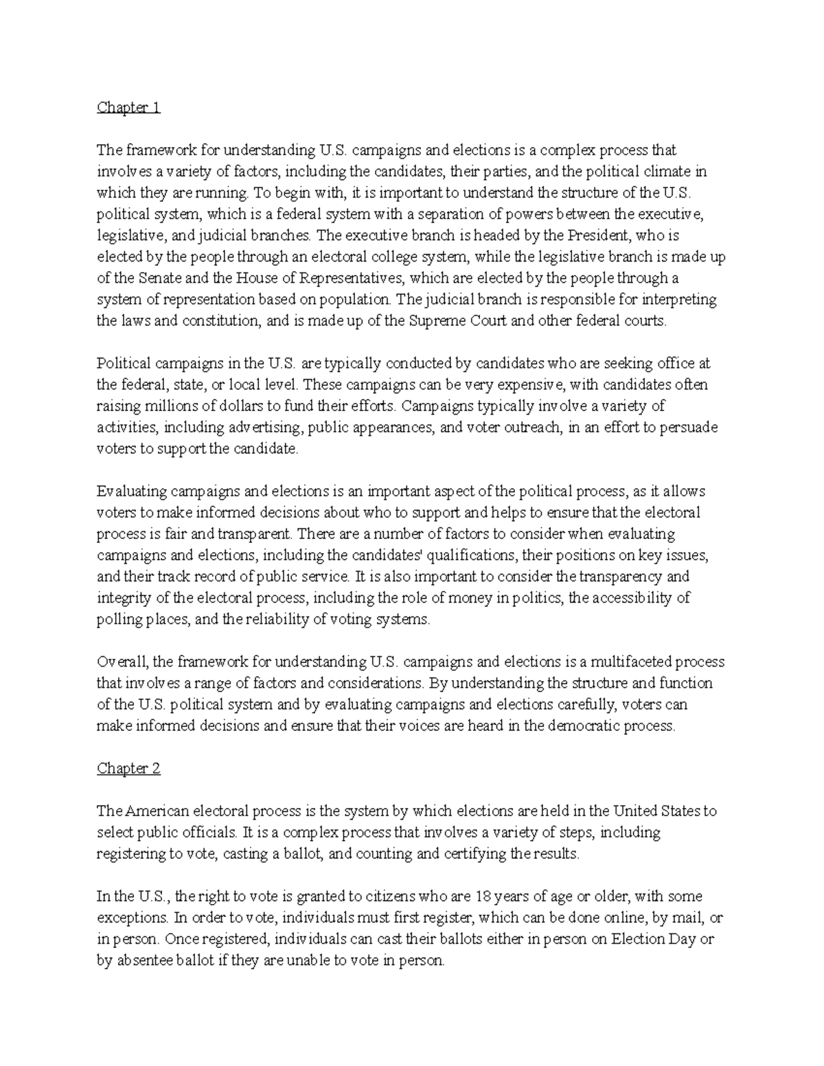 GOV 312L Chapters 1-3 - A summary on a framework for understanding campaigns and elections, the ...