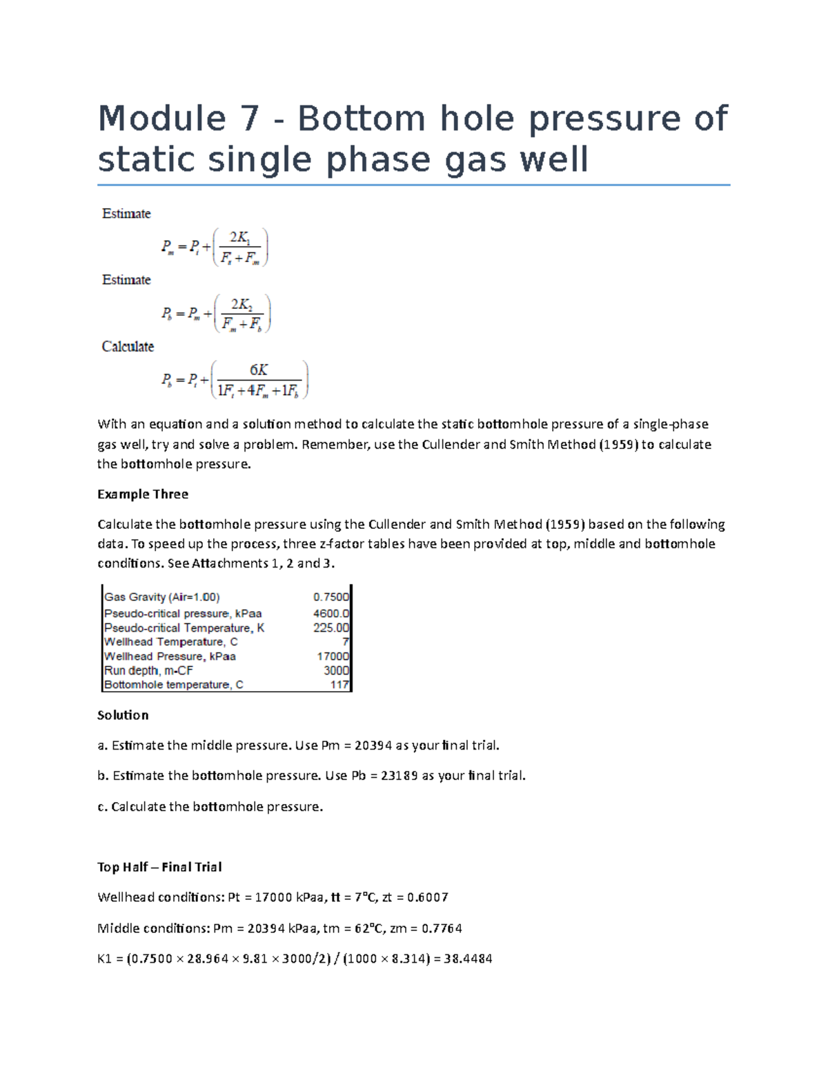 RESR 344 Module 7 - Bottom hole pressure of static single phase gas well - RESR344 - StuDocu