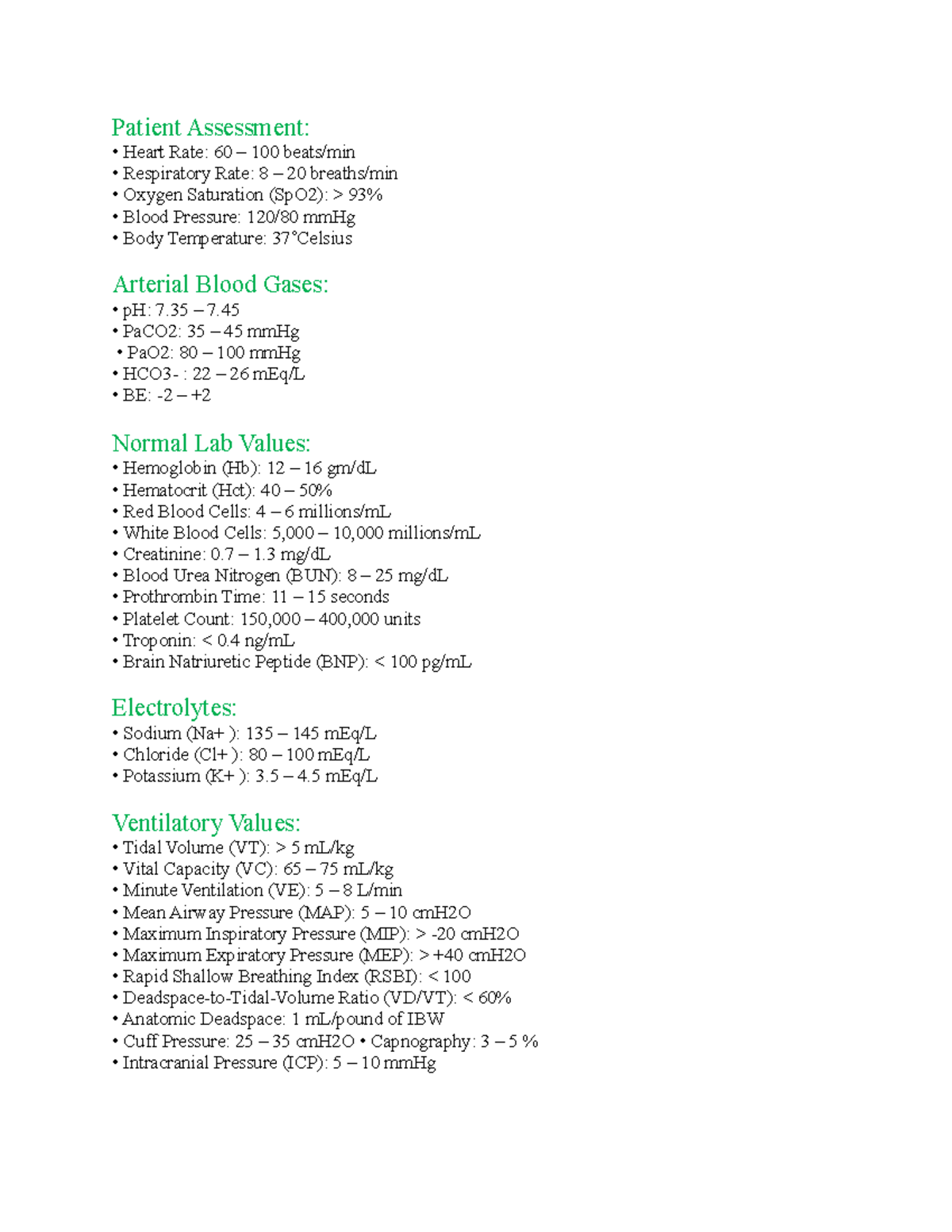 Respiratory Normal values - Patient Assessment: Heart Rate: 60 – 100 ...