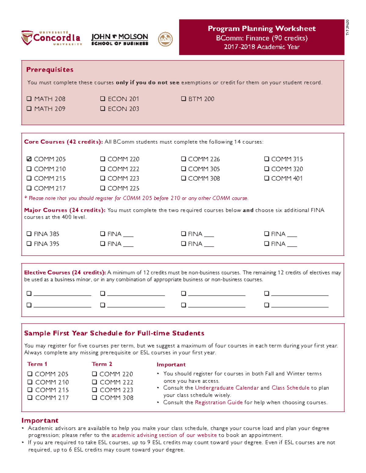 BComm Finance Program Planning Worksheet - Course Chart - Program ...