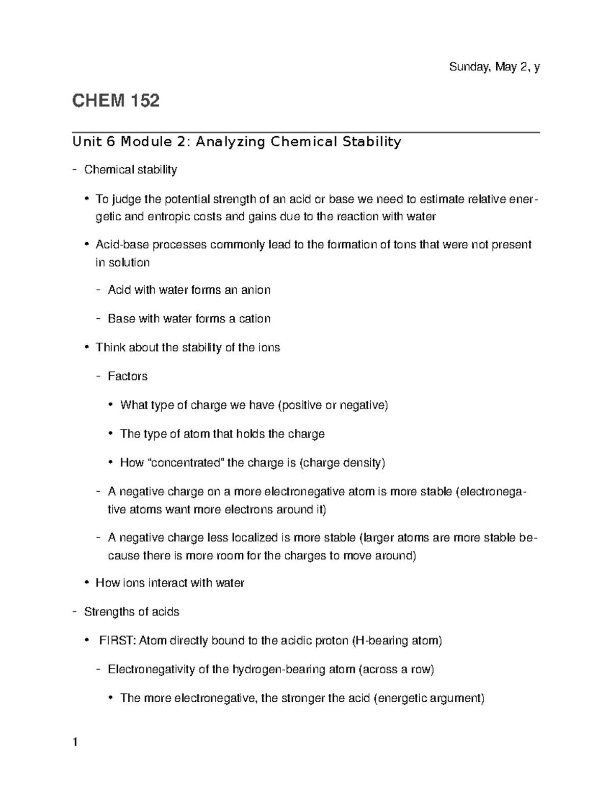 Unit 6 Module 2 - Lecture notes 6 - Friday, May 3, y CHEM 152 Unit 6 ...
