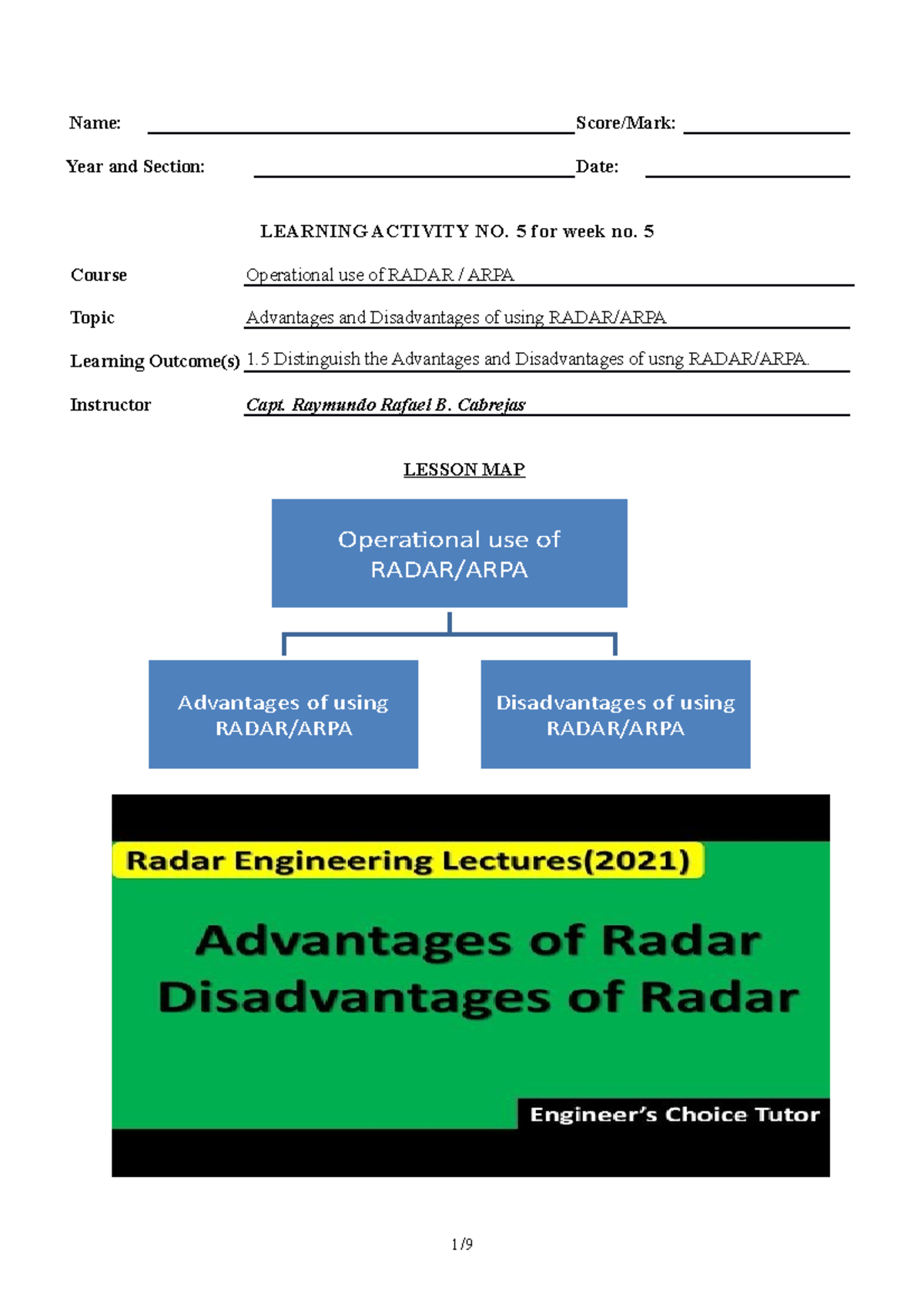 Learning Module NAV 5 - Operational use of Radar - ARPA LO no - Name ...