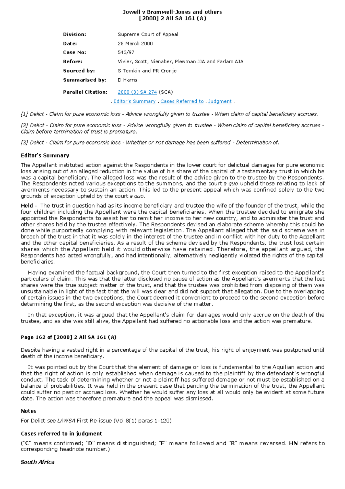 Jowell v Bramwell-Jones and others [2000 ] 2 All SA 161 (A) - Jowell v ...