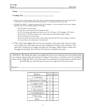 SU09 Exam 2 - Practice Exams - Problem Earned Points Points Possible CS 1301 Summer 2009 Exam 2 ...