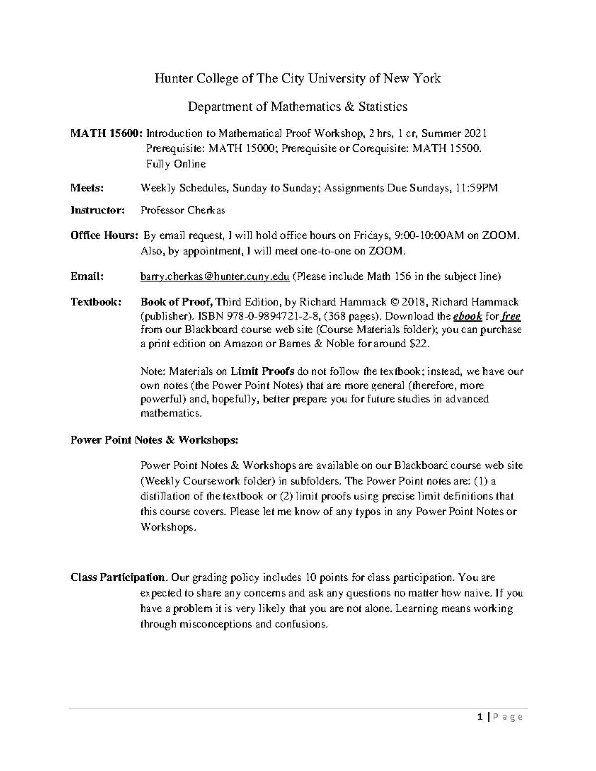 Syllabus Math 15600 Summer 2021 - 1 | P a g e Hunter College of The ...