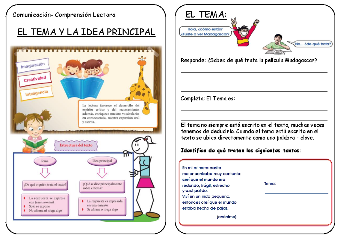 El Tema y la Idea Principal - Comunicación- Comprensión Lectora EL TEMA ...