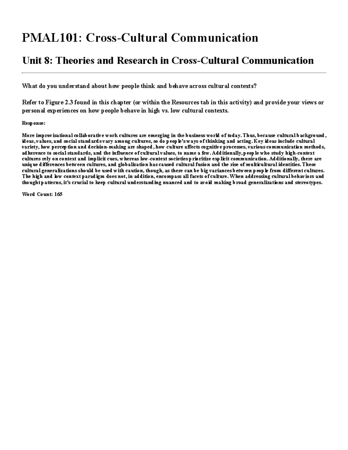 101 unit 8 - sem1 - PMAL101: Cross-Cultural Communication Unit 8 ...