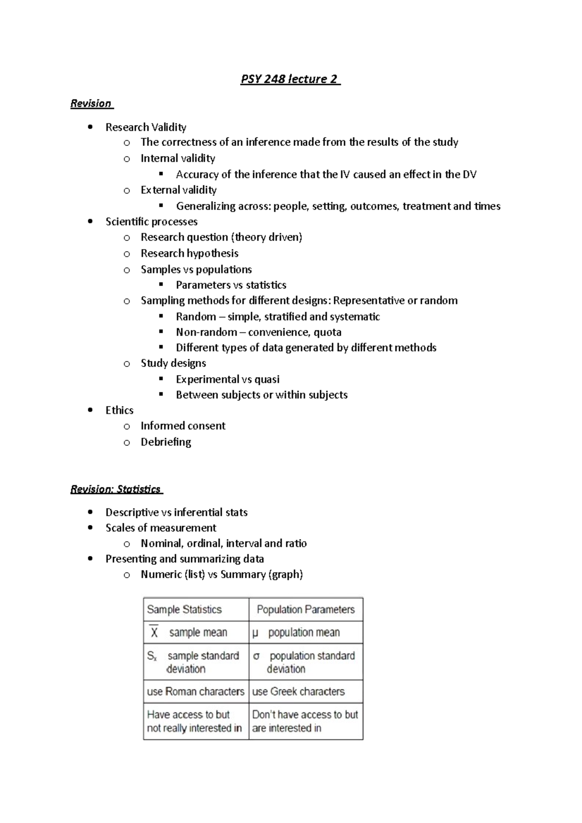 PSY 248 lecture 2 - lec notes - PSY 248 lecture 2 Revision Research ...