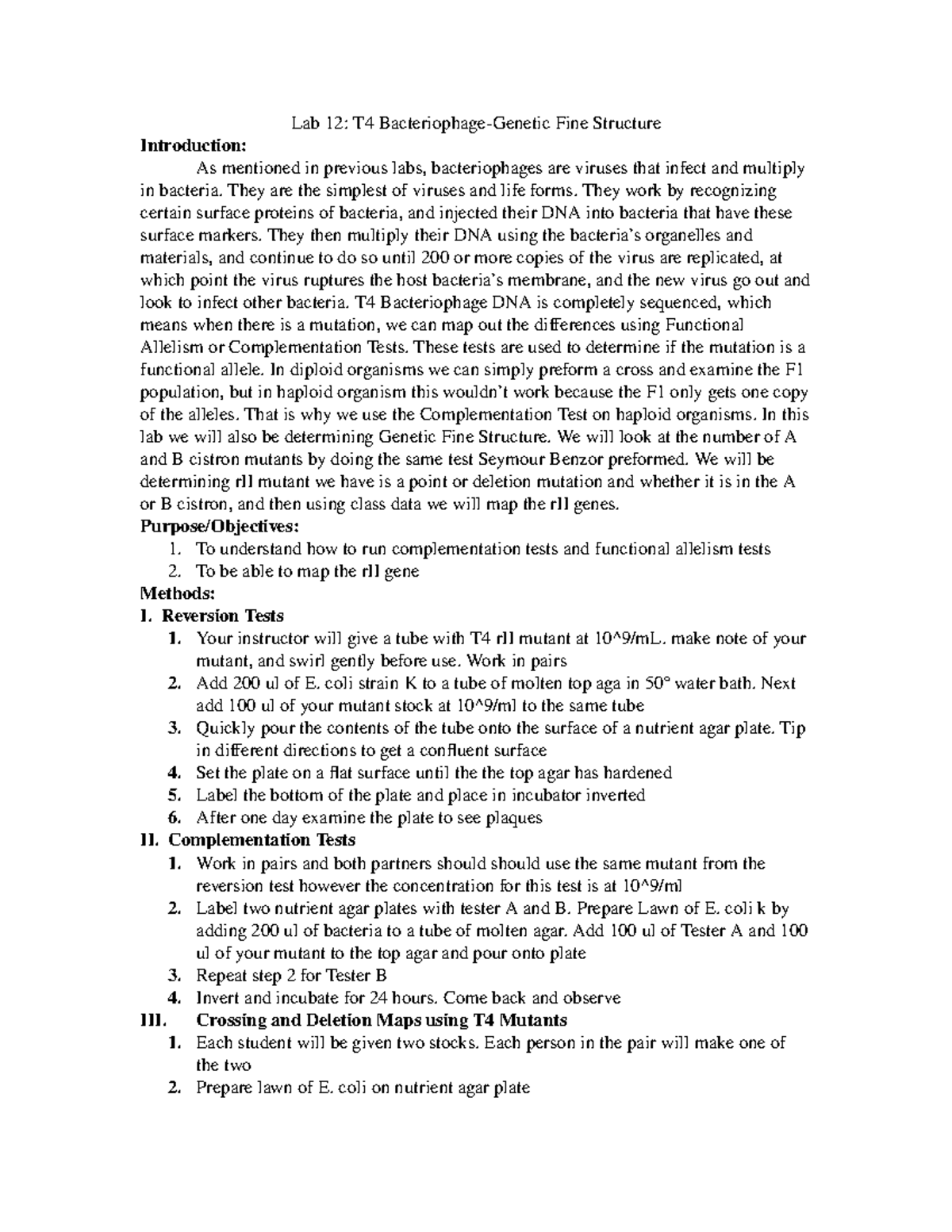Lab 12 - Lab write up - Lab 12: T4 Bacteriophage-Genetic Fine Structure ...