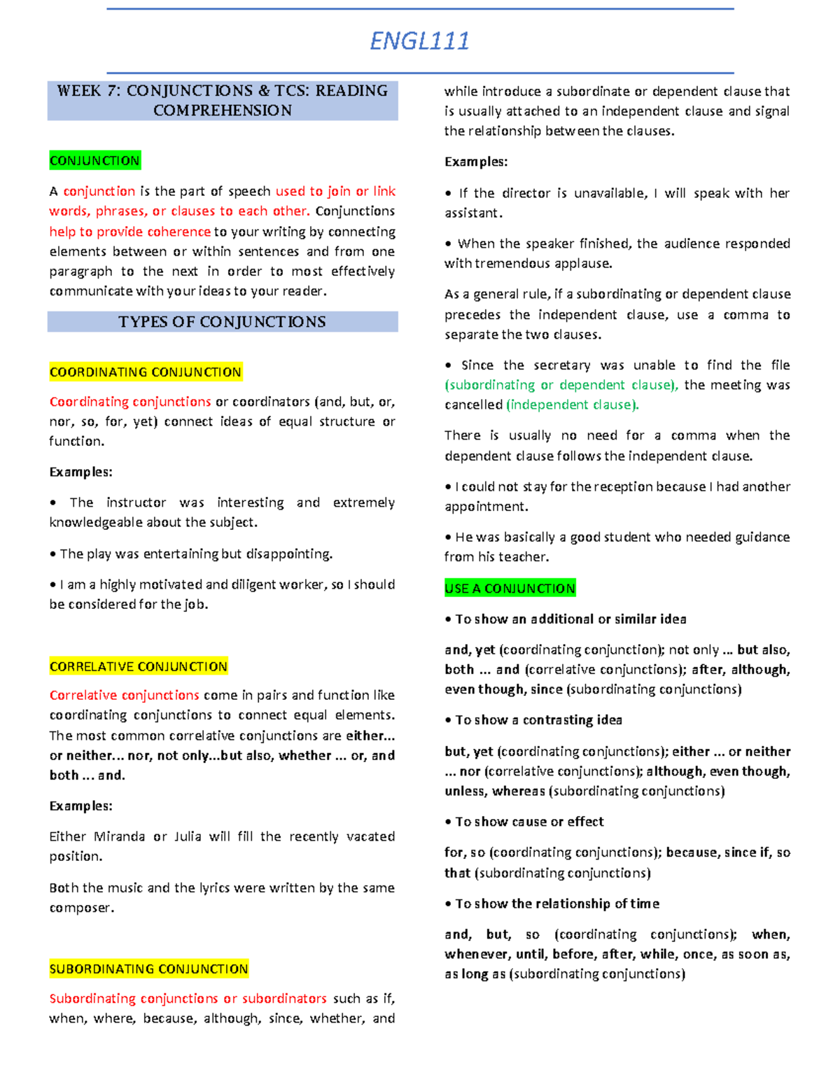 ENG111-Midterms-Reviewer - WEEK 7: CONJUNCTIONS & TCS: READING ...