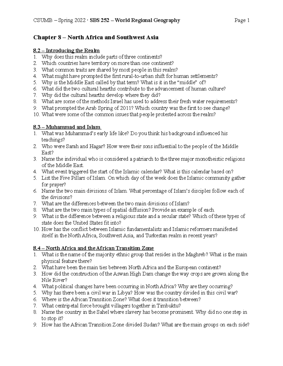 Ch 8. study questions - notes - CSUMB – Spring 2022 · SBS 252 – World ...